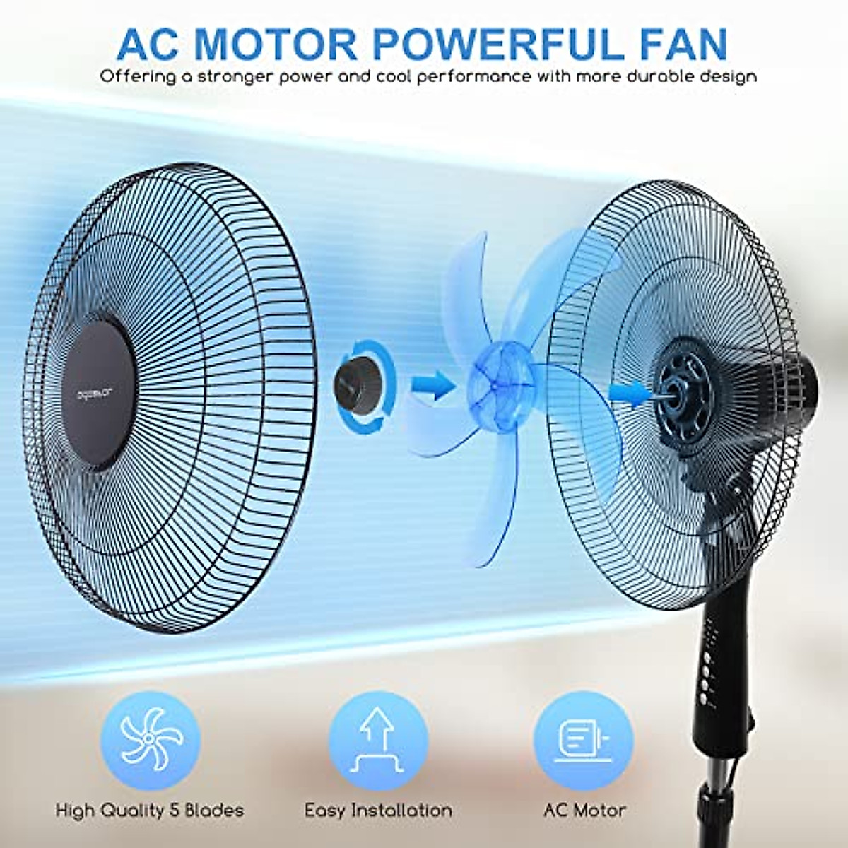 Aigostar 16“ Standing Fan, 5-Blade Oscillating Pedestal Fan with Remote Control, 3 Speed Settings, 3 Wind Modes, 7.5H Timer, Adjustable Height Cooling Fan for Bedroom, Home, Office, Black