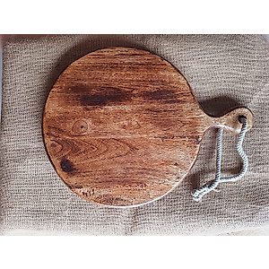 Father's Day Gifts Wooden Round Chopping Board with Handle & Rope for Hanging, Pizza Serving Tray Party Serving Platter | 12 Inch Dia