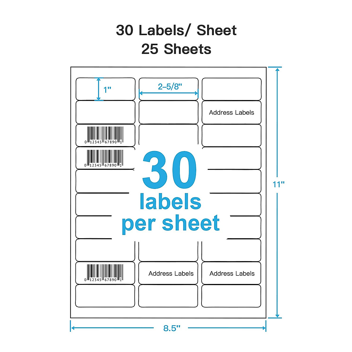 Shipping Address Labels, 1" x 2-5/8" Address Labels for Laser & Inkjet Printers, Mailing Labels for 5160, 5260, 8160, Strong Adhesive for FBA Label, Easy to Peel (25 Sheets, 750 Labels)