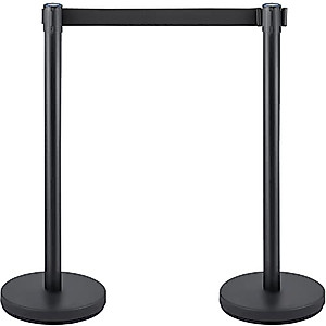 VEVOR Crowd Control Stanchion Set, Stanchion Set with 6.6 ft/2 m Black Retractable Belt, Black Crowd Control Barrier w/Concrete and Metal Base - Easy Connect Assembly (8)