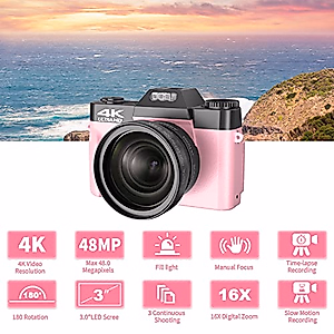 Digital Cameras for Photography, 4K 48MP Vlogging Camera 16X Digital Zoom Manual Focus Rechargeable Students Compact Camera with 52mm Wide-Angle Lens & Macro Lens, 32G Micro Card and 2 Batteries