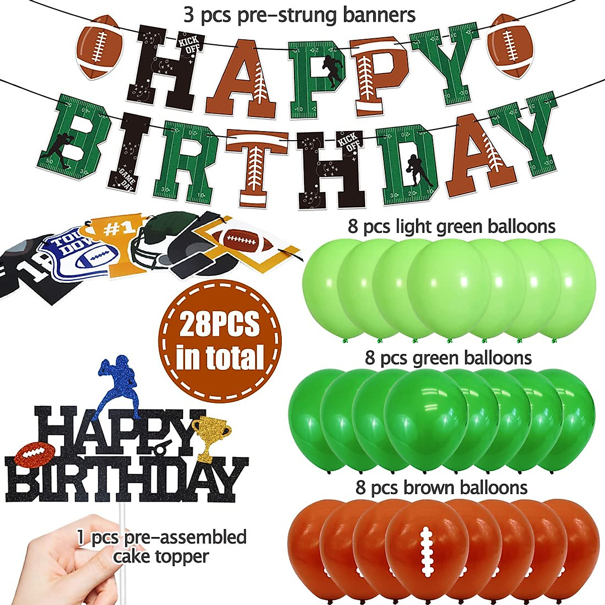 Football Birthday Party Decorations Pack for Football Touchdown Sports Theme Birthday Party Decoration - Includes Happy Birthday Banners, Cake Topper and Balloons