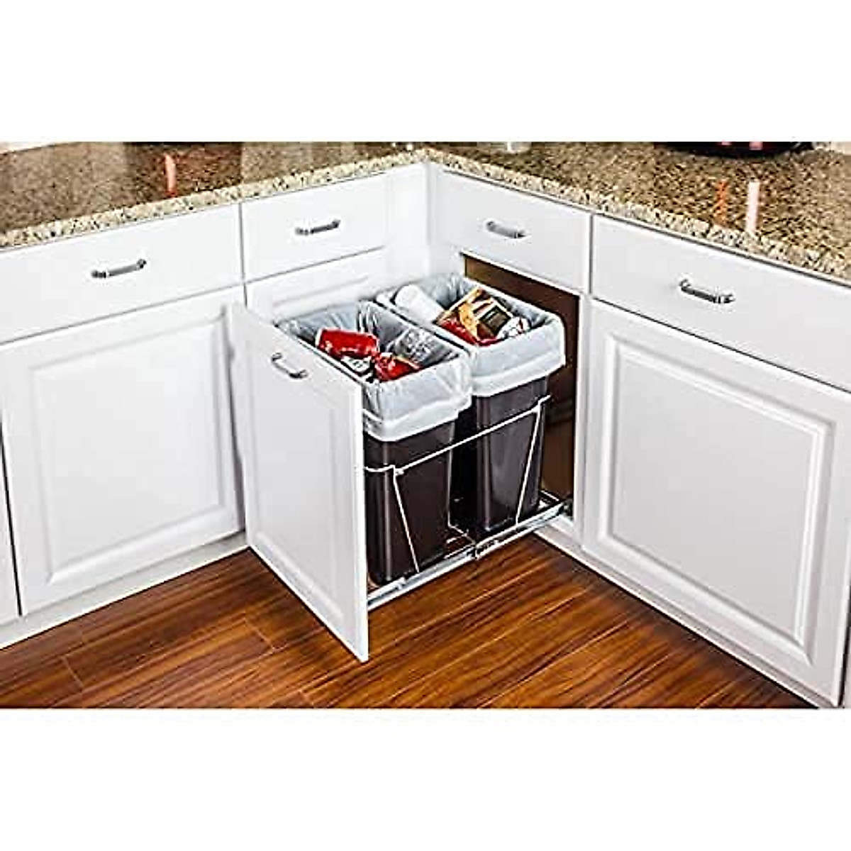 Hardware Resources Double 35-Quart Trash Bin Cabinet Pullout System - 2 Black Waste, Recycling Bins - Easy-Installation Polished Chrome Ball-Bearing Garbage Slider, Door Mounting Kit - 17.5 Gallons