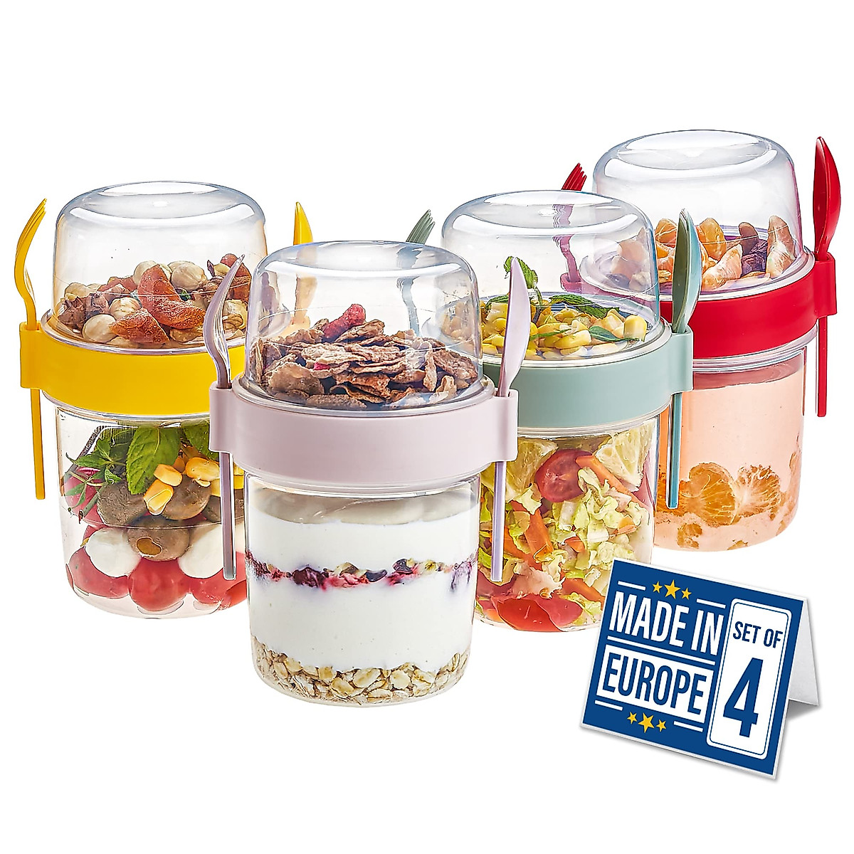 Crystalia Yogurt Parfait Cups with Lids, Large Breakfast On the Go Plastic Bowls with Topping Cereal Oatmeal Salad or Fruit Container with Spoon for Snack Box, Reusable Set of 4 (Large 22 oz)