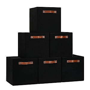 Ecegeva Storage Bins, Cube Storage Bin with Leather Handles for Shelves, Collapsible Storage Bins for Bedroom, Storage Bins 11x11 for Toys, Decorative Storage Bins for Closet Storage(Black,6 Pack)