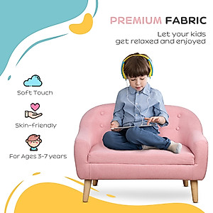 Qaba 2-Seat Kids Sofa, Toddler Sofa Couch, Linen-Like Fabric and Wooden Frame Sofa Chair for Ages 3-7, 11" High Seat, Pink