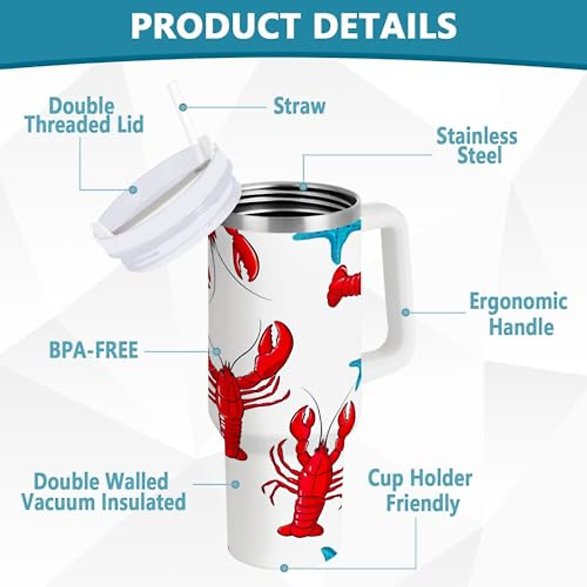 RPLIFE Playful Lobsters Starfish White Tumbler with Handle and Straw, Stainless Steel Coffee Cup, Insulated Coffee Mug with Lid, Tumbler for Men
