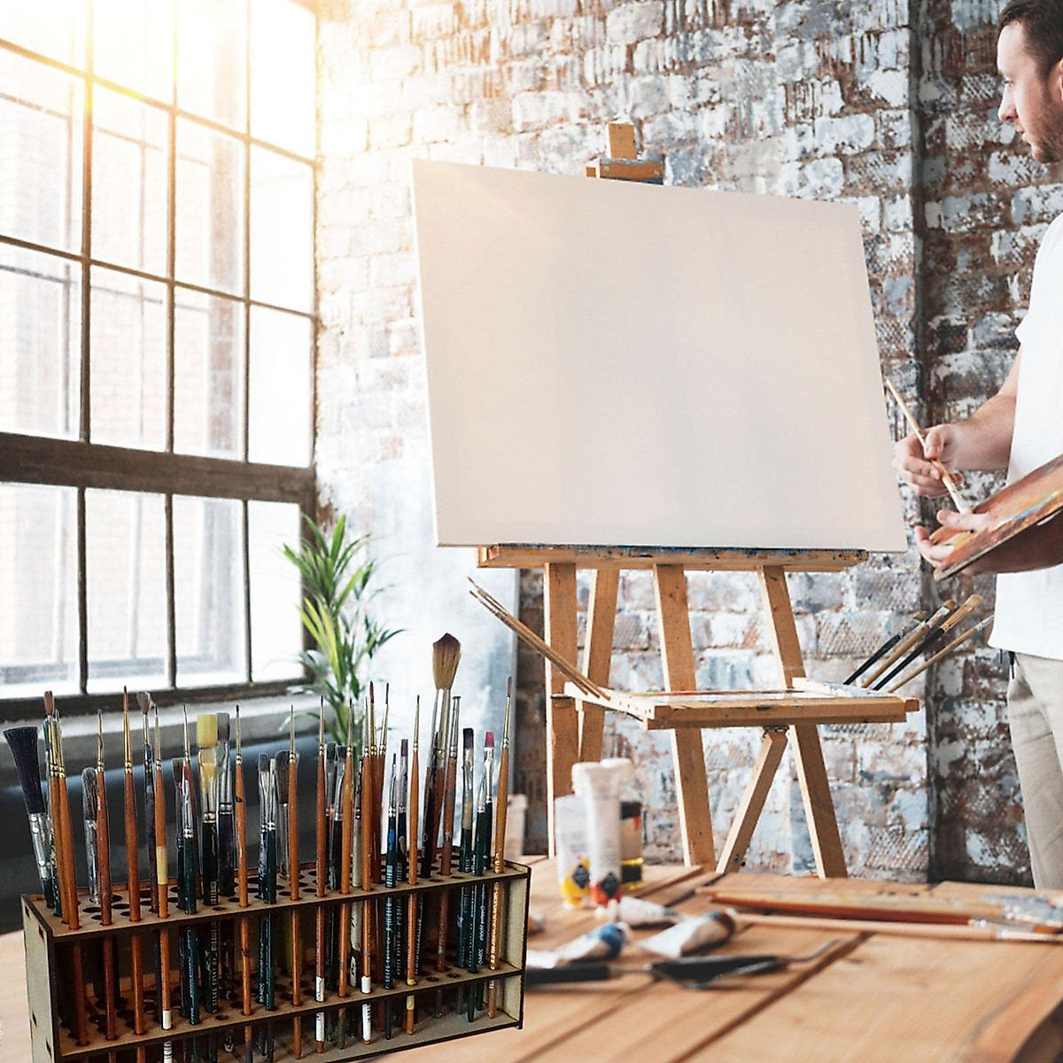 Artist Paint Brush Holder, Paint Brush Organizer, 67 Holes Wooden Paint Brush Holder Stand, Desk Watercolor Brush Organizer, Desk Paintbrush Holding Stand, Wall Mount Rack for Paint Brushes and Marker