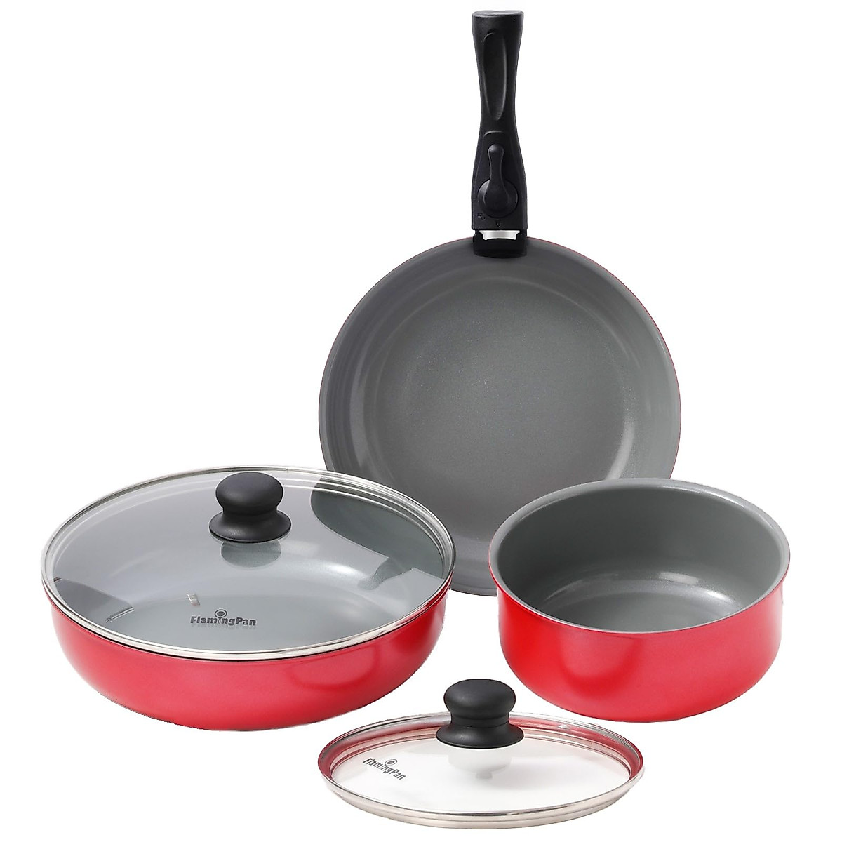 Flamingpan 6 Pieces Detachable Pots and Pans Set and Nonstick Cookware Set with Removable Handle, Dishwasher & Oven Safe, Suitable for All Stovetops (Red)