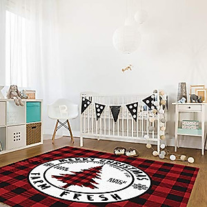 Christmas Area Rugs Living Room Floor Mat Merry Christmas Farm Xmas Tree Snowflake Red Plaid Collection Non-Slip and Washable Carpets for Indoor Bedroom Kids Room Home Decor, 2.7x5 Feet