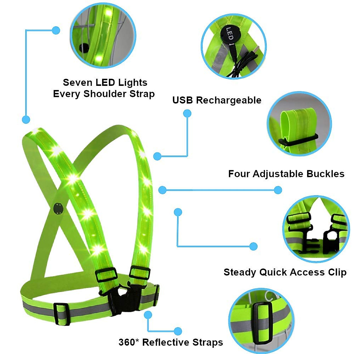 Atlecko 360° Rechargeable LED Running, Cycling, Hiking Reflective Vest & Belt for Men, Women & Kids - Safe & Comfortable - Bright Lights for High Visibility, Excellent Battery Life, Perfect for Night