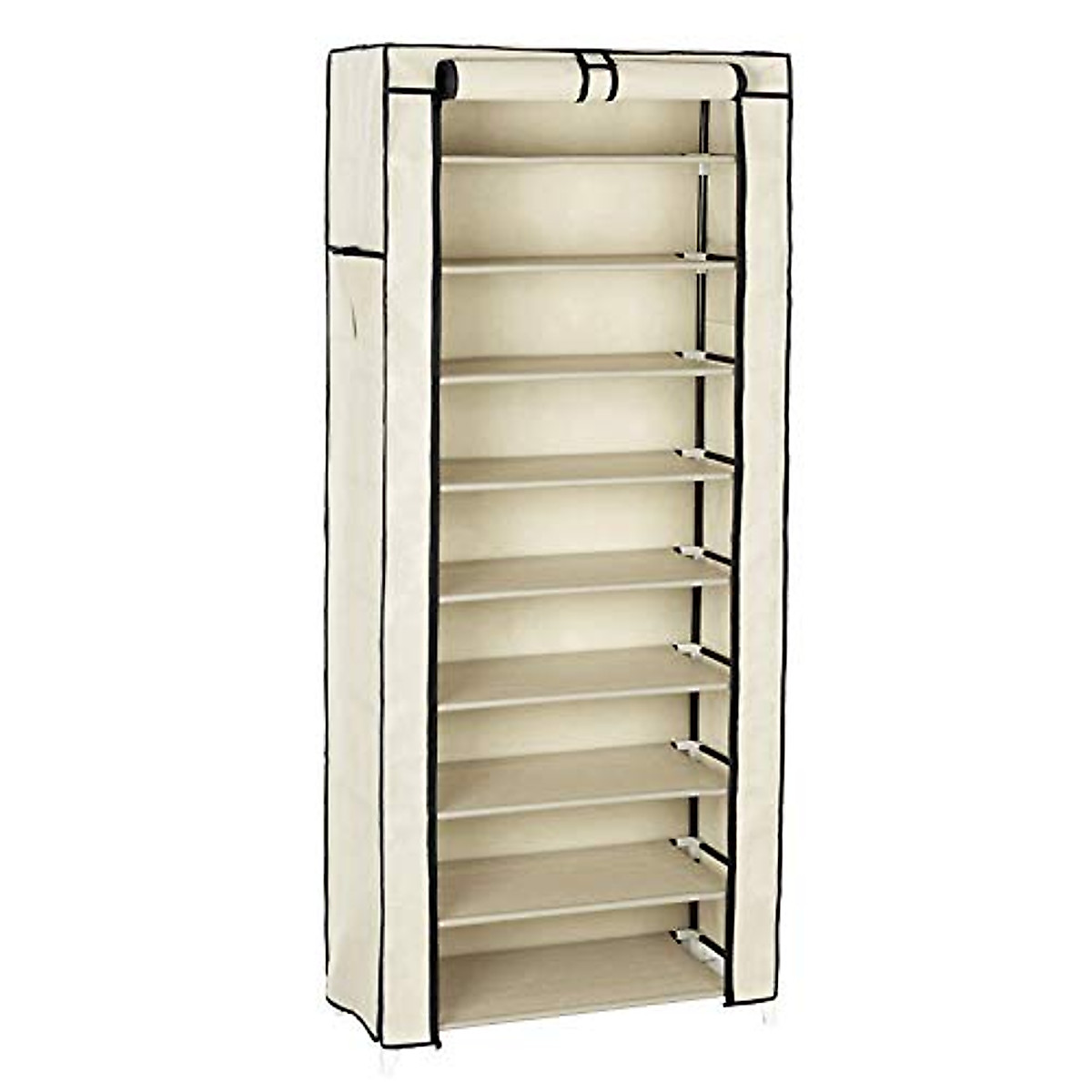 SONGMICS 10-Tier Shoe Tower Rack with Cover 27-Pair Space Saving Shoe Storage Organizer Beige URXJ10M