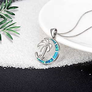 SOULMEET Palm Tree Blue Simulated Opal Moon Necklace, Sterling Silver Palm Tree Jewelry for Her, Summer Beach Style October Birthstone Christmas Gift Idea