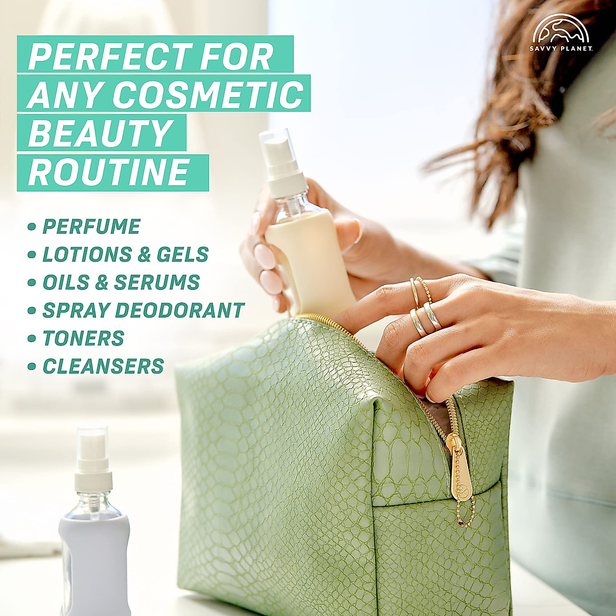 SAVVY PLANET Empty Clear Glass 2oz Small Spray Bottles with Silicone Sleeve Protection - Refillable Containers for Travel, Cleaning Solutions, Essential Oils, Sanitizers - Quality Sprayer - 4 Pack