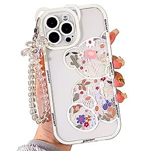 NITITOP Compatible for iPhone 13 Pro Max Case Clear Cute Flower Floral Bear for Girls Women Pattern with Bear Ears Soft TPU Shockproof Protective Girly Cover-Bear