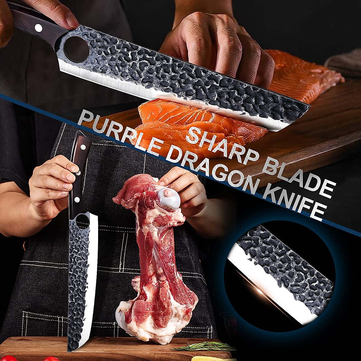 Purple Dragon 7 Inch Ultra Sharp Blade Boning Knife with 7.5 Inch Meat Cleaver Fish Fillet