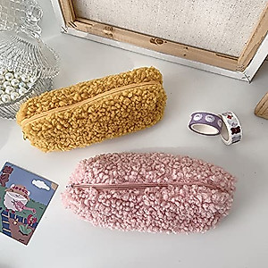 Faux Lambswool Pencil Case Student Zipper Plush Pencil Pouch for School Office Supplies, Solid Color Simple Pencil Case, High Capacity Portable INS Cosmetic Travel Zipper Bag 5 Colors Coffee