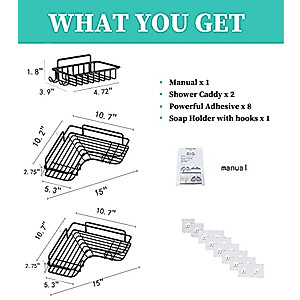 Corner Shower Caddy, Bathroom Accessories for Bathroom Storage, 2-Pack No Drilling RustProof Stainless Steel Shower Rack Wall Shelves Organizer, 1 Soap Holder with 8 Adhesive Hooks, Black