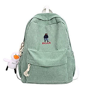 MeganJDesigns Cute Backpack Aesthetic School Large Laptop Bag with Pendant for Teen Girls Students Corduroy Backpacks (02#Green)