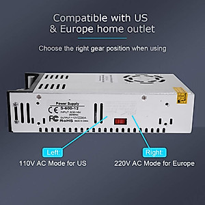 High-Power SMPS 110V/220V AC to 12V DC Converter - 50A 600W Power Supply - Adjustable Switch Transformer for LED Strip, LCD Monitor CCTV, Radio/Car Stereos, 3D Printer - includes 2 Clamp Wires