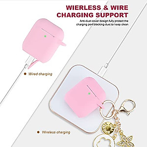 Pink Case Cover with Keychain for AirPods,Soft Silicone Protective Earphone Case Cover Compatible with Apple AirPods 1&2, AirPods 1st/2rd Generation Case with Cute Bling Keychain (Pink)