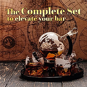 Kemstood Globe Whiskey Decanter Set - Etched World Design with Wooden Base & 4 Glass - Ideal for Dignified Drinking, Home Decor - Unique Whiskey Gifts for Men, Father - 850ml Capacity for Long Storage