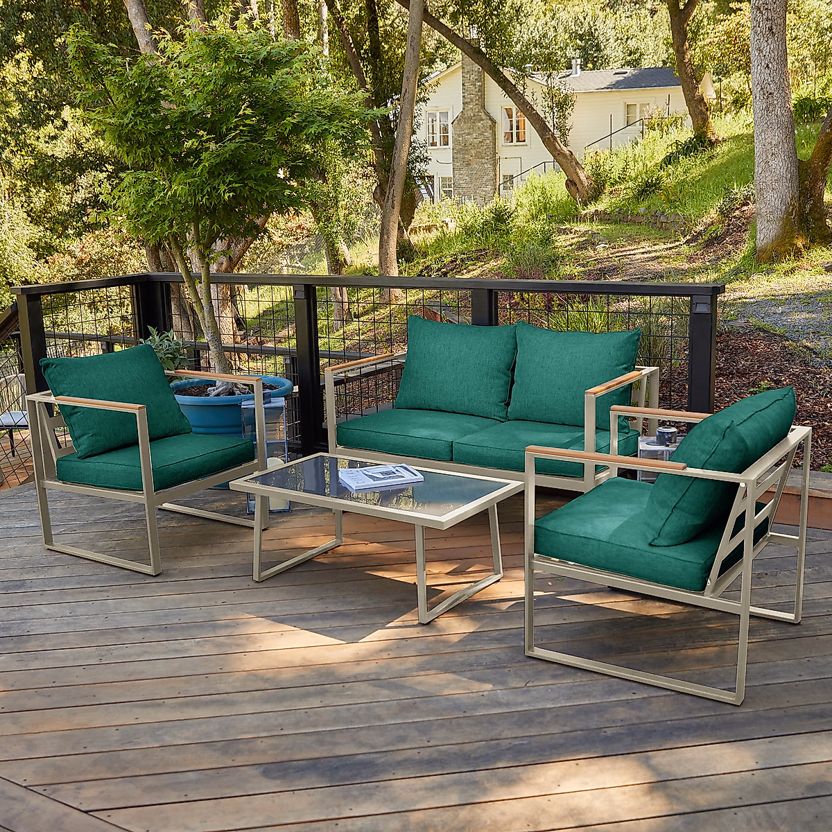 EAST OAK Patio Furniture Set, 4-Piece Outdoor Patio Set with Sofa, Removable & Washable Seating Cushion, Tempered Glass Table, Outside Patio Conversation Sets, Champagne Gold & Green