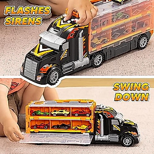 JOYIN Carrier Truck Toys for Kids, 12 Die-Cast Metal Toy Cars with 2 Launchers, Foldable Toy Car Track with Lights & Sounds for Boys, Racing Car for Kids Ages 3-5