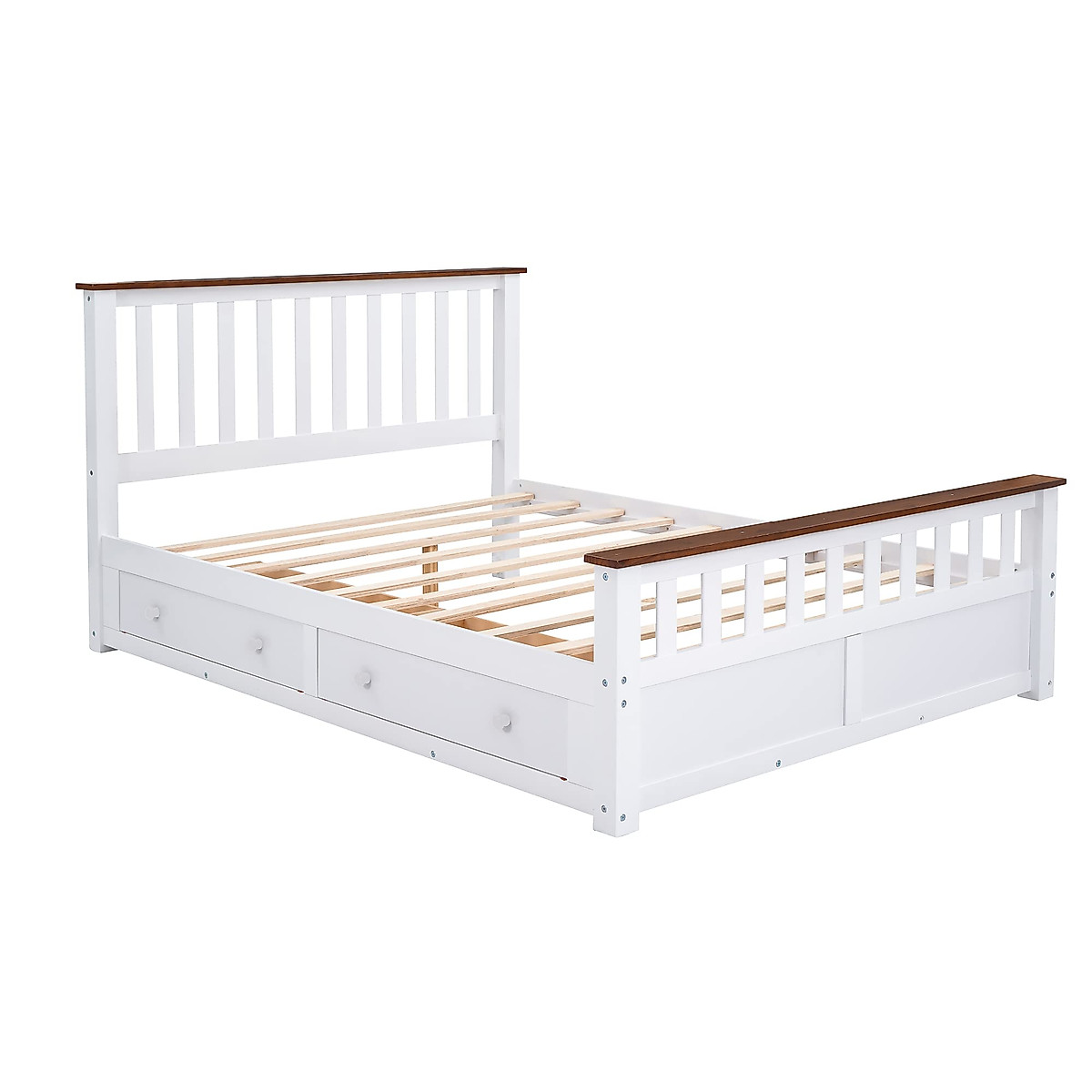 Bellemave Queen Bed Frame with 2 Storage Drawers Wood Platform Bed with Headboard & Footboard Panel Beds with Slats for Boys, Girls, Kids, Teens, White + Walnut