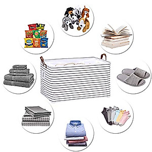 Hinwo 2-Pack Extra Large Canvas Fabric Storage Baskets with Handles, 70L Oversized Storage Bins, Collapsible Storage Box, Clothes, Toys, Blankets Organizers, 22 x 15 x 13 inches, (Grey Stripe)
