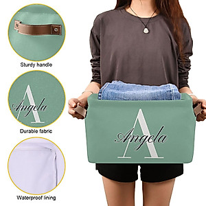 Sage Green Customized Storage Basket Collapsible Storage Bins Cubes Box Fabric Clothes Hamper Gift Baskets Toy Chest for Shelves Office Home Nursery Shoes with Leather Handles