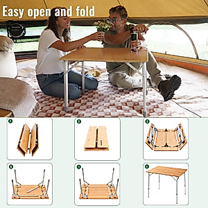 KingCamp Bamboo Folding Camping Table 4 Folds Lightweight with Adjustable Height Aluminum Legs Portable Camp Tables in Carry Bag for Indoor Outdoor Picnic Beach