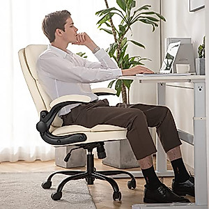 COLAMY Executive Office Chair-Ergonomic Home Office Chair, High Back Computer Chair with Flip-up Arms, Double Padded Thick Leather Office Chair for Comfort, Swivel Task Rolling Chair (Ivory, 300lbs)
