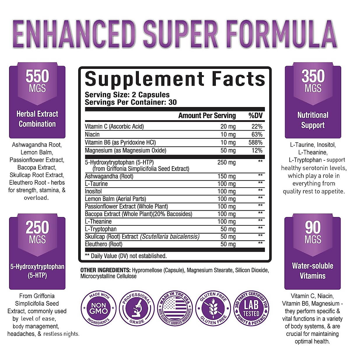 Purely Optimal Premium 5-HTP Plus Supplement 250mg Maximum Strength - Enhanced with Vitamin B6, Gluten Free, Non-GMO, 60 Veggie Caps
