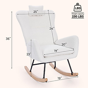 Unovivy Rocking Chair Nursery, Teddy Upholstered Nursing Armchair with Wood Base, Baby Glider Rocker with Headrest & Side Handy Cocket, Small Gliding Seat for Living Room, Bedroom, Office
