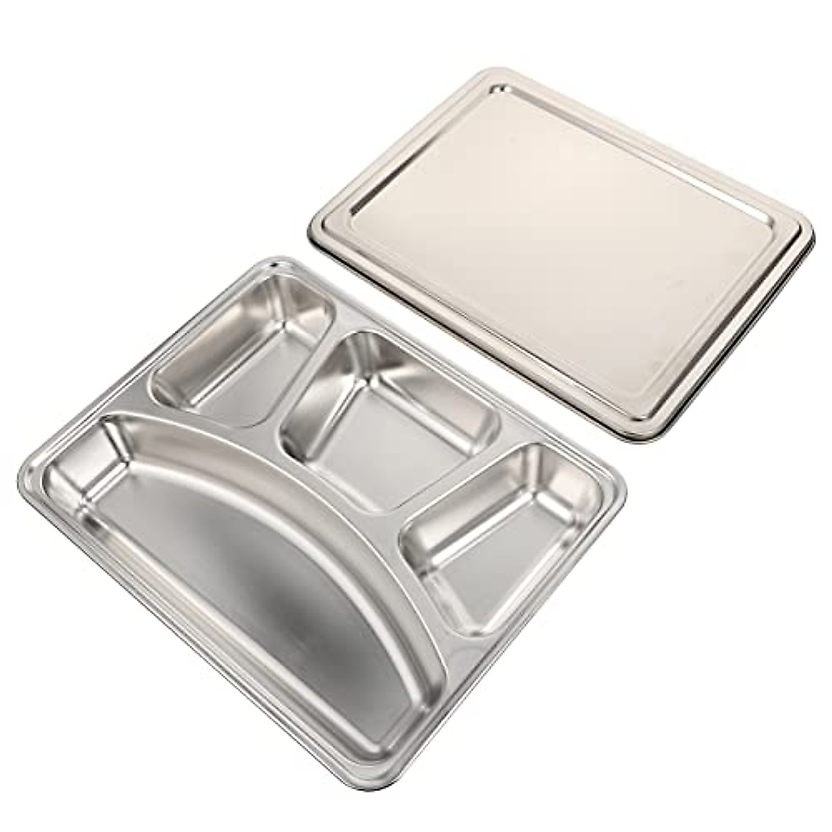 DOITOOL Feeding Serving Tray Stainless Steel Divided Dinner Plate: 4 Compartment Portion Control Plate with Lid Diet Dish Serving Platter Luncheon Plate for Kitchen Fruit Plate