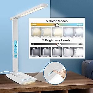 LED Desk Lamp with Wireless Charger, USB Charging Port, Desk Lamps for Home Office with 2 Night Lights & 5 Color Modes & 5 Brightness, Touch Control Desk Light with Clock, Alarm, Date, Temperature