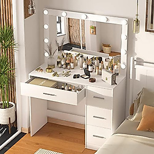 Irontar Makeup Vanity Table, Makeup Table with Large Mirror and 11 LED Lights, Brightness Adjustable, Dressing Table Desk with 4 Drawers, Bedroom Vanity Desk for Girls, Women, White WDT002W