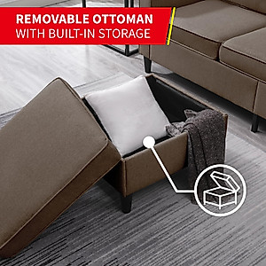 PUREMIND 78 Inches Convertible Sectional Sofa, Linen L-Shaped Sofa Couch with Reversible Storage Ottoman, Wooden Legs, 3-Seat Sectional Couches for Living Room, Small Space, Apartment (Coffee)…