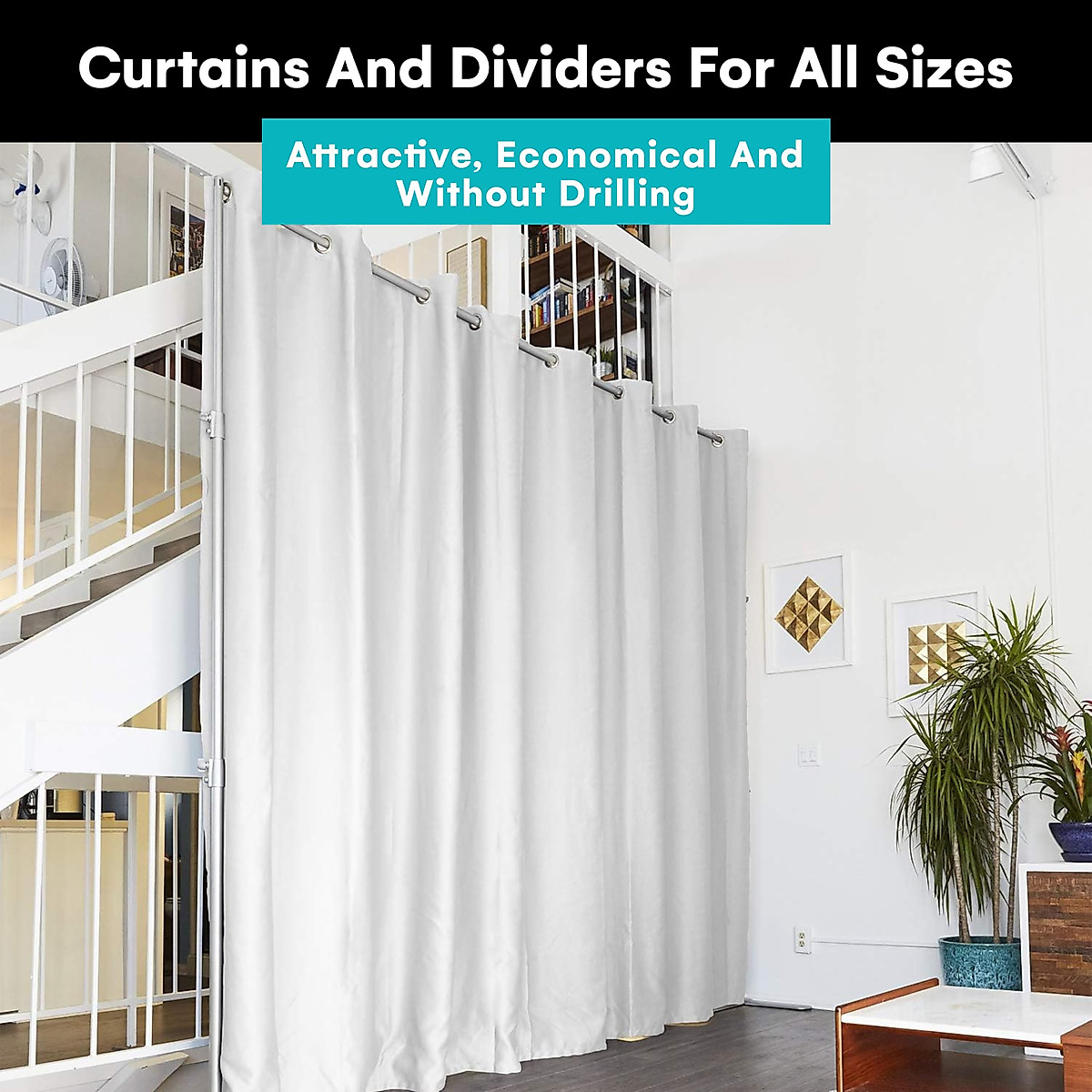 Adjustable Room Divider Rod - 7ft 6in to 12ft Wide, Silver - Perfect for Studio Apartments, Offices, and Bedrooms - Retractable and Freestanding