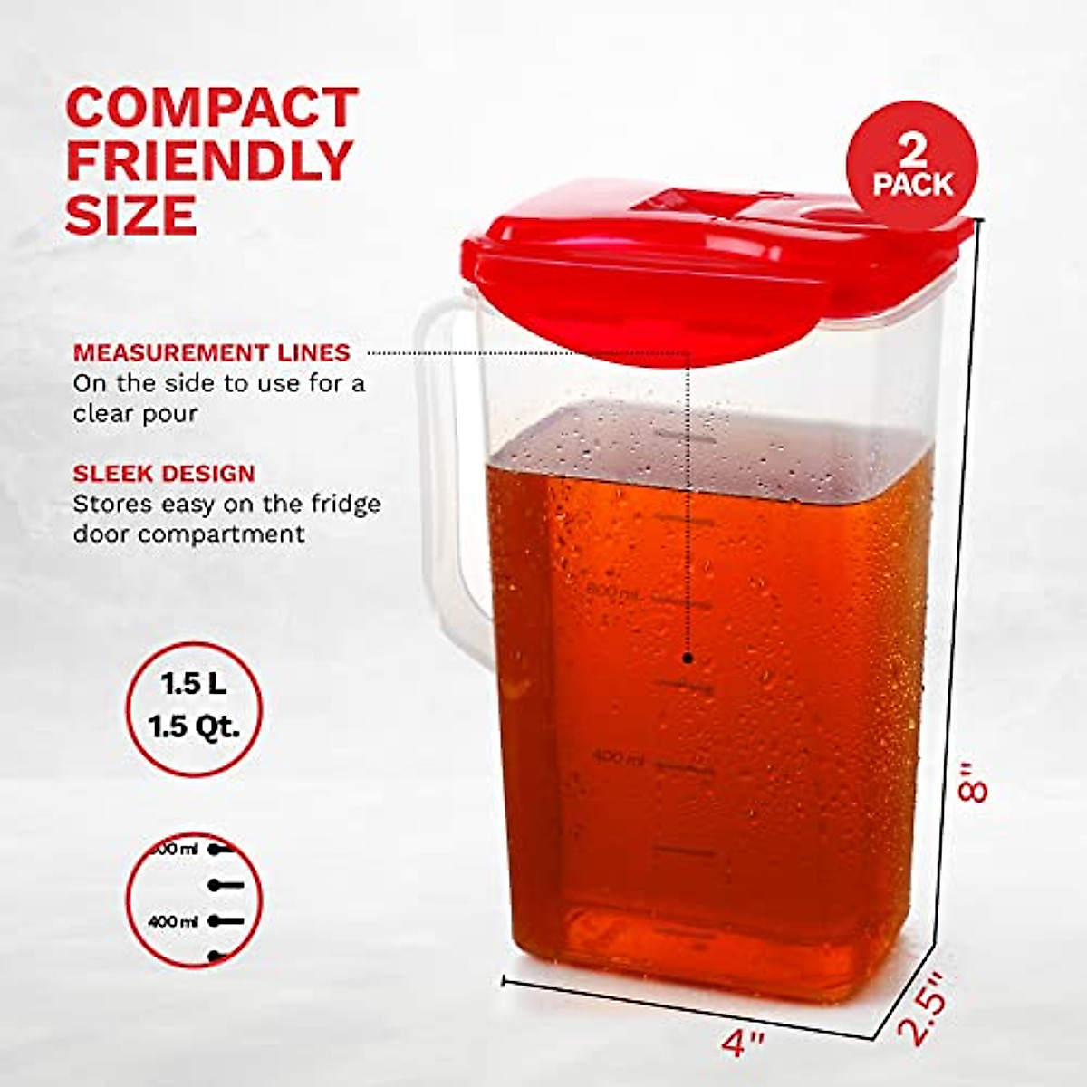 Pitcher 50 Oz. (Set of 2) Plastic Pitcher with Lid | Jug for Fridge | Juice Container with Lid | Iced Tea Pitcher | Airtight Pitcher with Spout Perfect for Lemonade, Water. BPA Free, Red (Small)