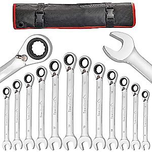 Towallmark 12-Piece Wrench Set, Reversible Ratcheting Combination Set, Metric 8mm-19mm, 72 Teeth, Cr-V Steel Ratchet Wrenches Set with Storage Bag for motorcycle/car /mechanical etc.