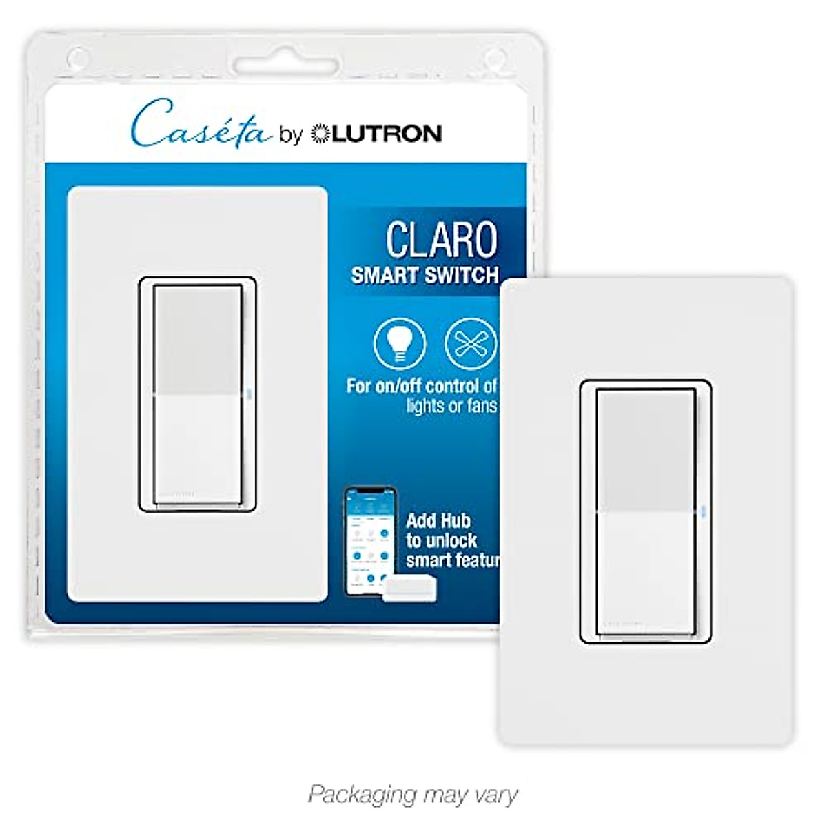 Lutron Claro Smart Switch with Wallplate for Caséta Smart Lighting, for On/Off Control of Lights or Fans | Neutral Wire Required | DVRFW-5NS-WH-A | White