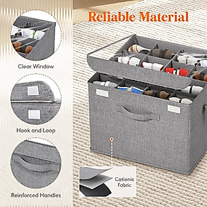 Lifewit Shoe Organizer for Closet, Adjustable Dividers Shoe Storage Fits 16 Pairs, Clear Cover Shoe Box Fits for Boots Heels Sneakers, Foldable Storage Bins with Bottom Support, Light Gray, 2 Pack