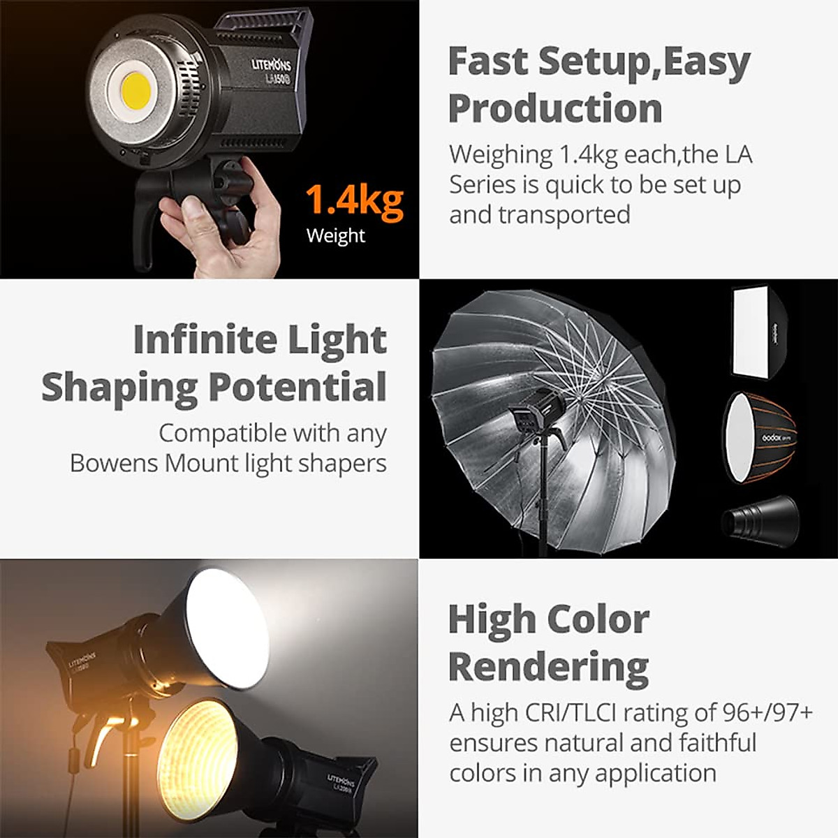 Godox LA200Bi Video Light, 230Ws 2800K-6500K Bi-Color LED Light, CRI 96+ TLCI 97+,11 FX Effects,Support Godox Light APP for Studio Portrait Photography