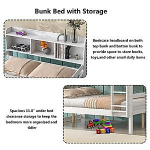 Betoko Solid Wood Bunk Beds Full Over Full with Bookcase Convertible Wooden Full Size Bunk Bed Frame with Storage Headboard for Teens,Kids,Boys,Girls,Adults and Small Spaces (White, Full Over Full)