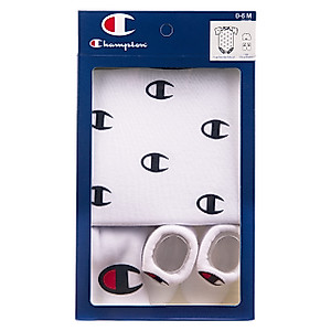Champion Unisex Baby 3-PC Box Set Includes an Infant Body Suit, a Bib Or Hat & Pair of Booties in Colors and Size 0-6M, All Over C-White 100, 0-6