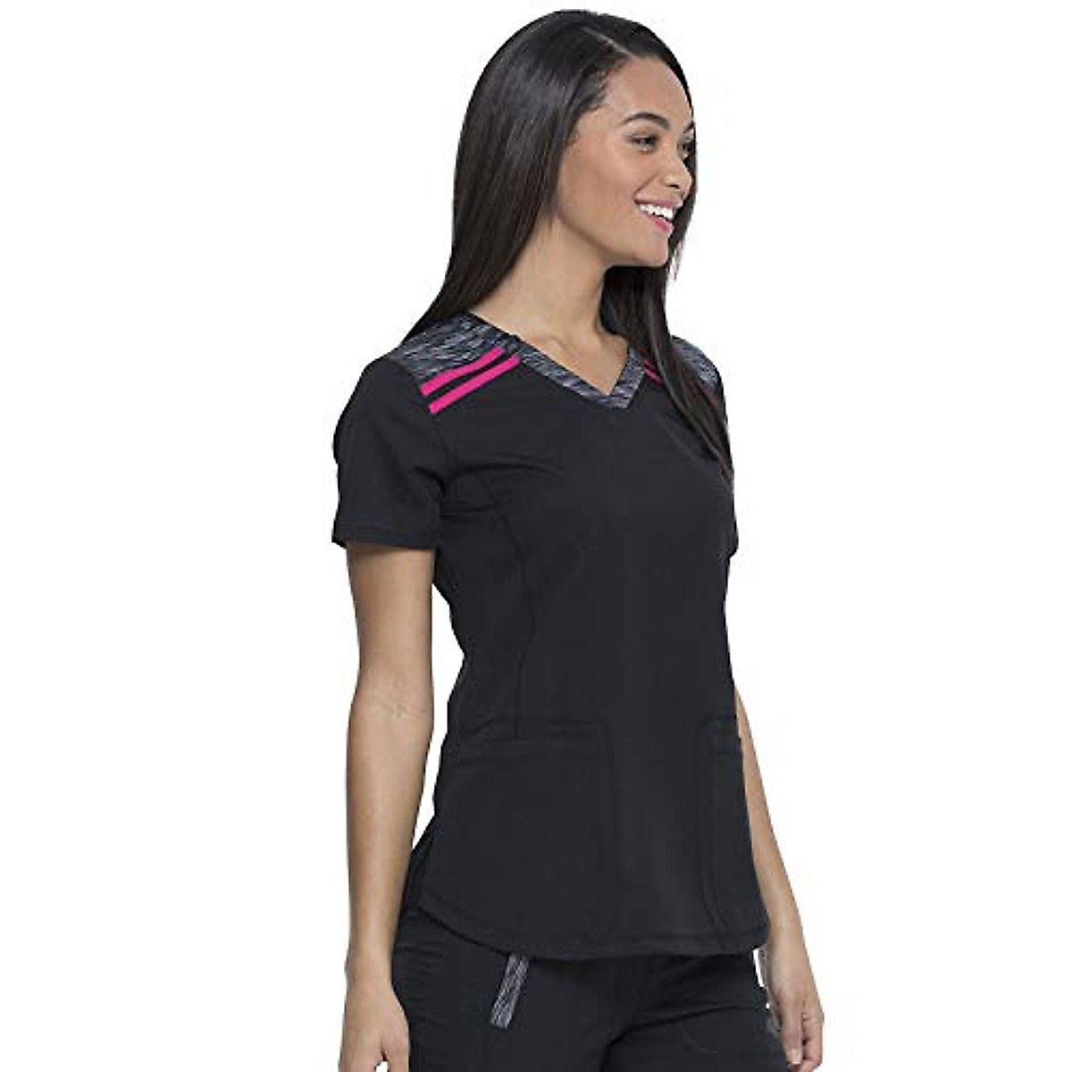 Dickies Dynamix Womens Tops, Athletic-Inspired Mélange V-Neck Scrub Top with Four-Way Stretch and Moisture Wicking DK740, XL, Black/Hot Pink