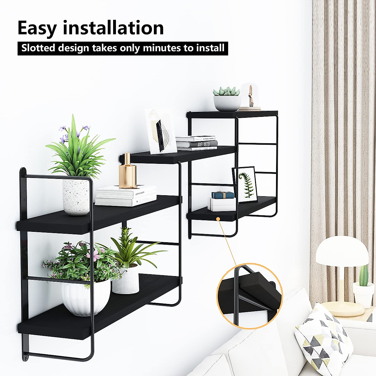 MXCSE Wall Mounted Floating Shelves, Wall Shelves, Rustic Wall Decor Wood Shelves for Bedroom, Living Room, Bathroom and Kitchen Storage, Easy Installation (5, Black)