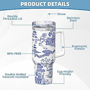Xiexide 40oz Rustproof Hiking Tower Spring Chinese Folk Chinoiserie Style Double Walled Vacuum Insulatedith Handle And Straw,Hot & Cold Drinks